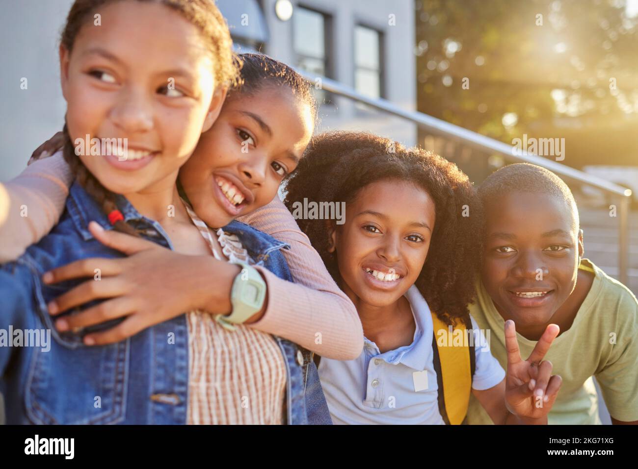 Young children, selfie and friends together, pose in outdoor portrait ...