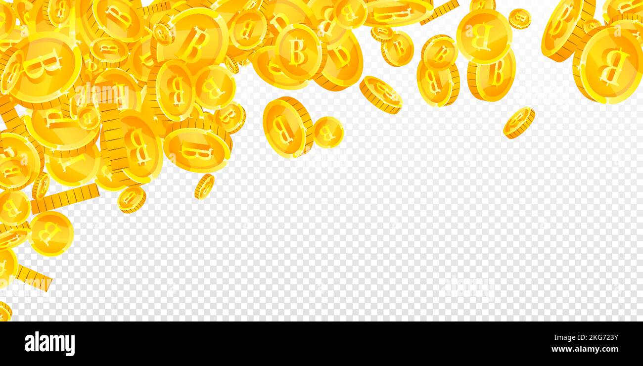 Thai baht coins falling. Gold scattered THB coins. Thailand money ...