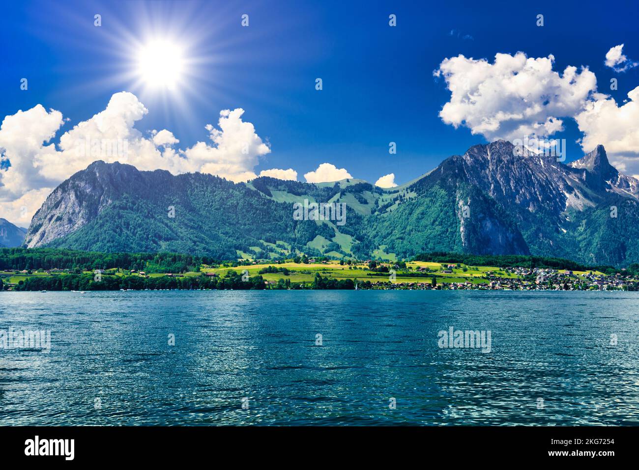 Clear transparent azure Lake Thun, Thunersee, Bern Switzerland Stock ...