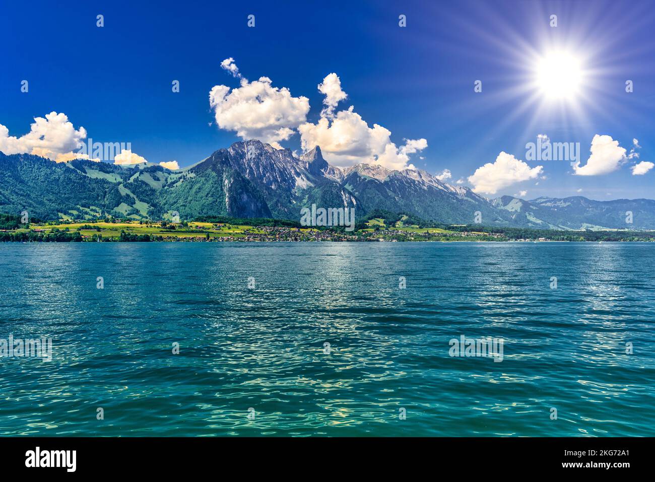 Clear transparent azure Lake Thun, Thunersee, Bern Switzerland Stock ...
