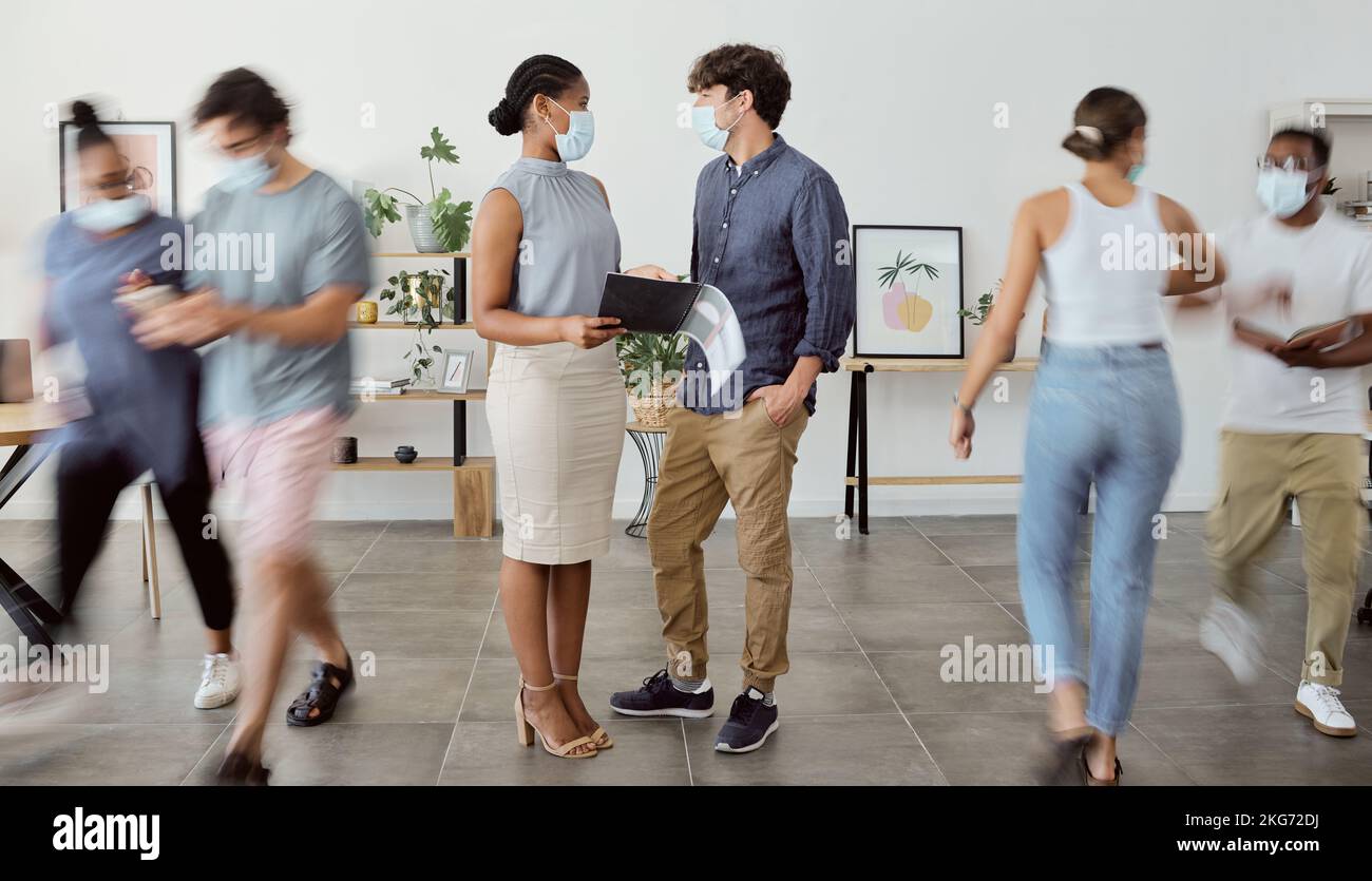 Covid, blur and in busy office for business, startup company and group ...