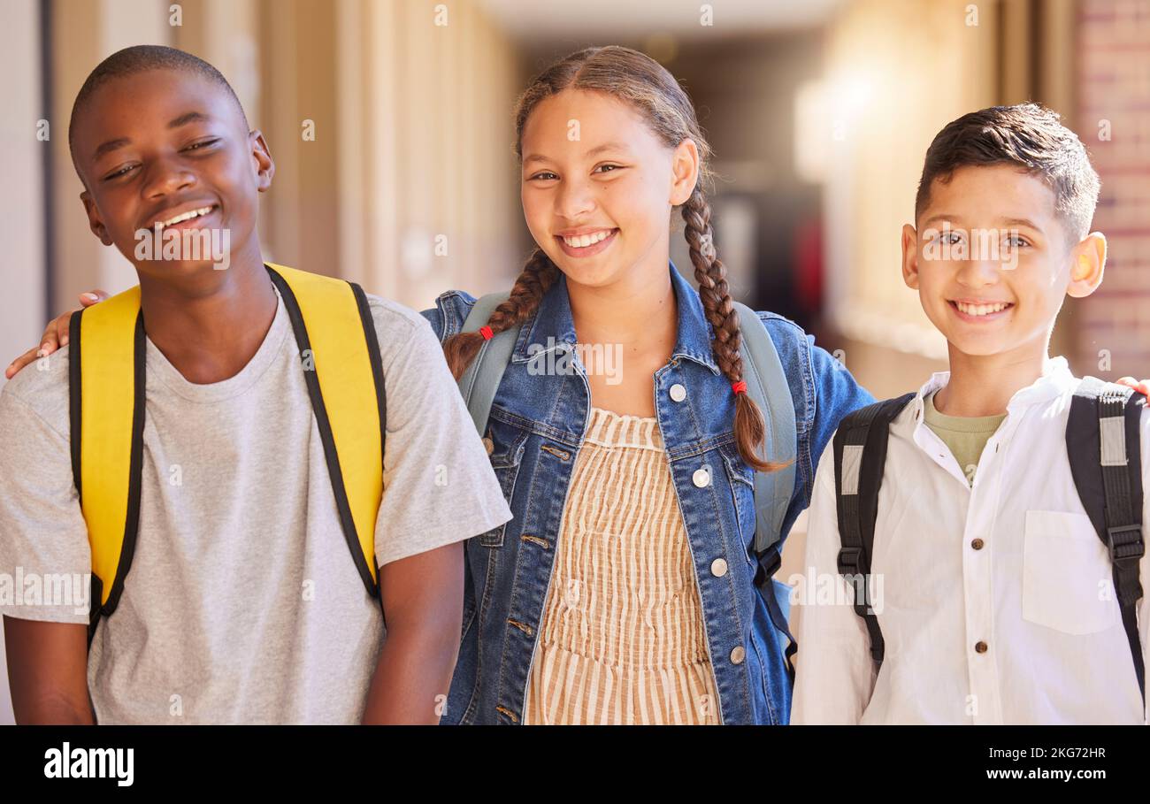 Children, education and friends portrait for study, friendship and ...