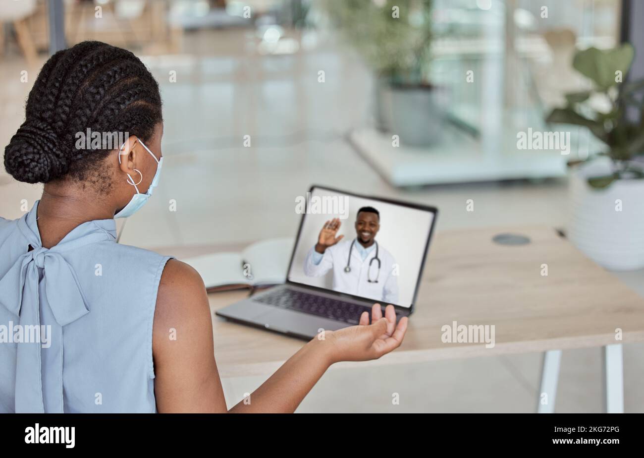 Patient, video call and covid black woman on a laptop screen meeting ...