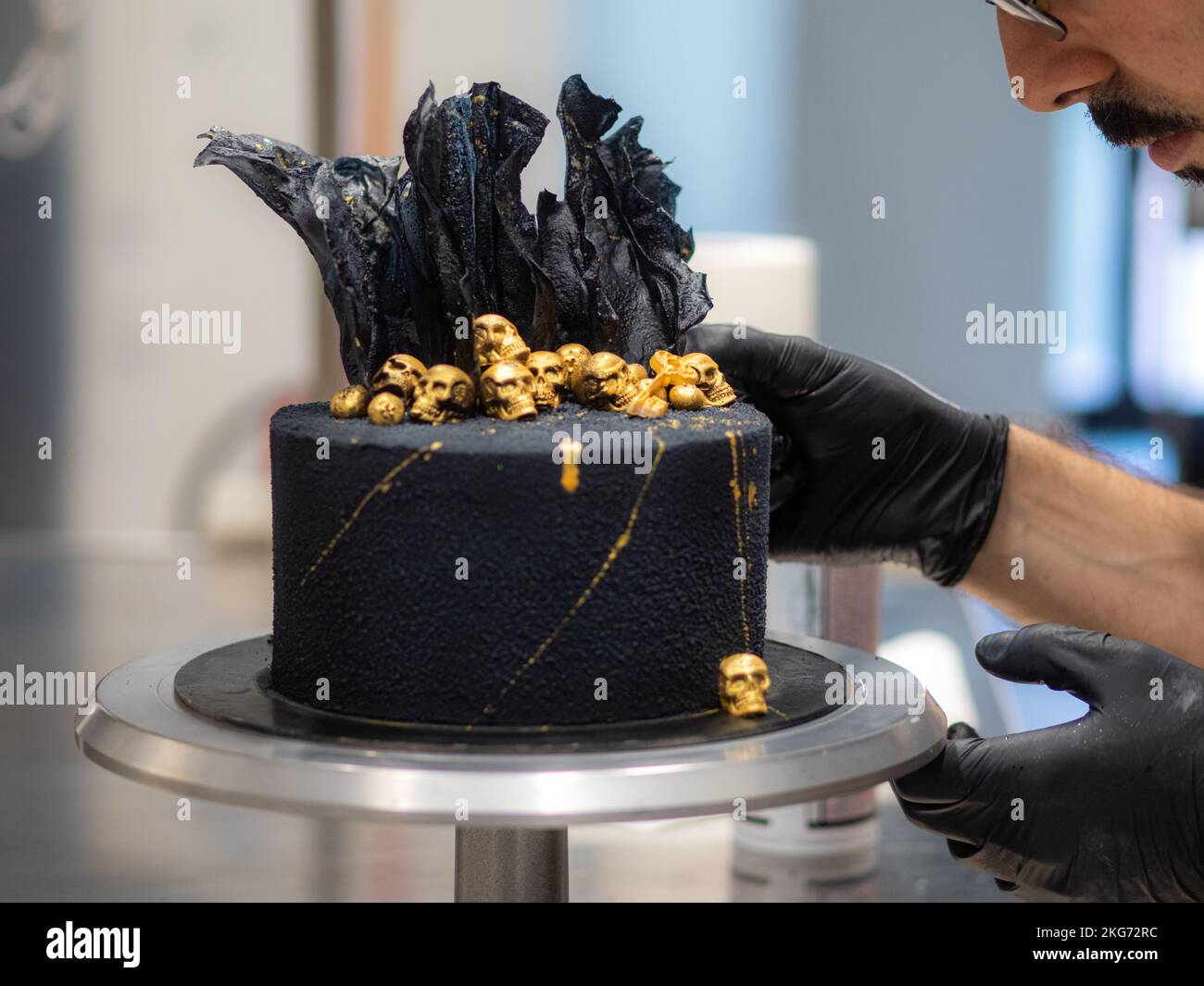 pastry chef finishing horror black muertos birthday cake decorating ...