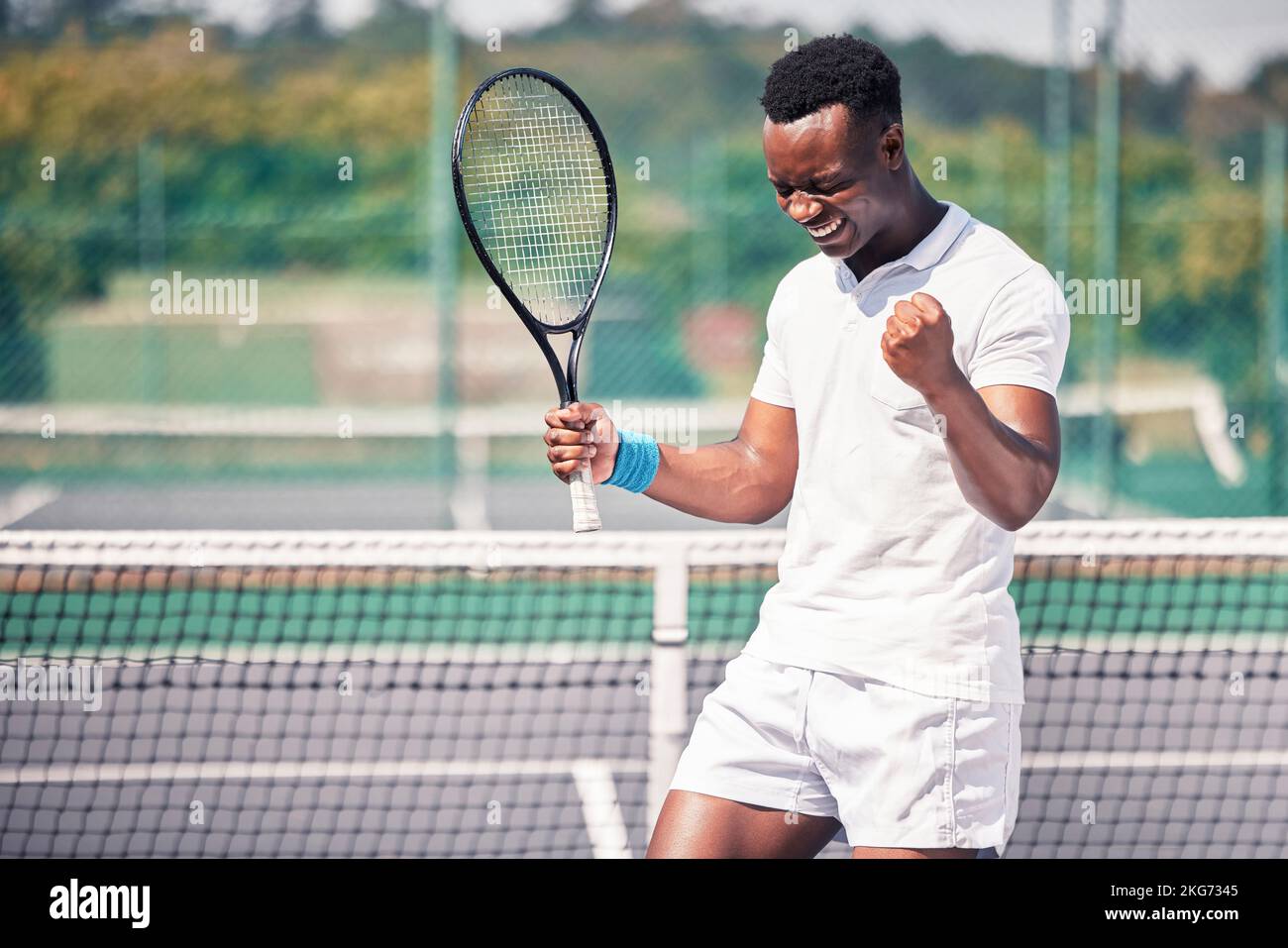 Tennis, sport and black man celebrate win, success and yes to winning ...