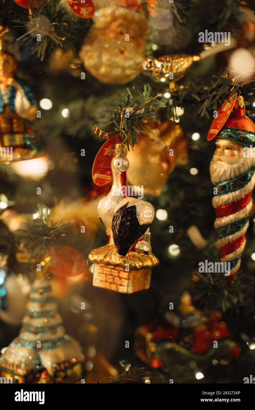 STRASBOURG, FRANCE - December 2019 - Beautifull glass Stork Christmas ...