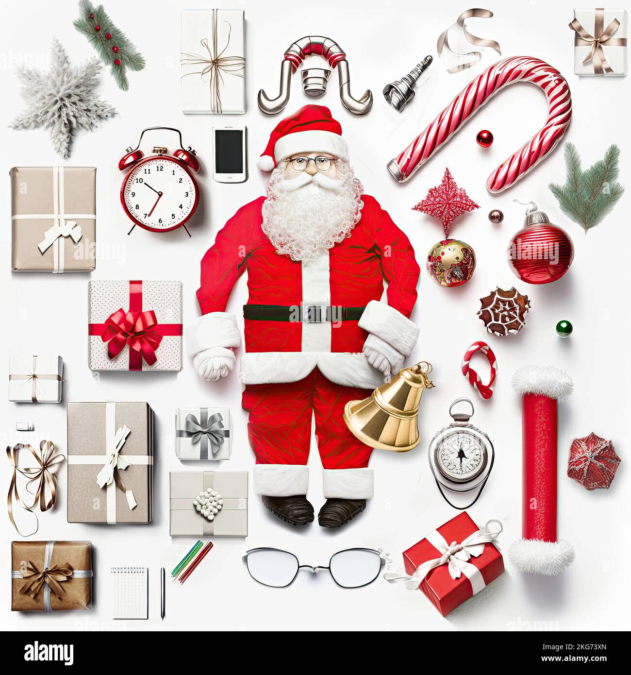 knolling flat-lay picture of Santa Clau gear with costume, presents ...