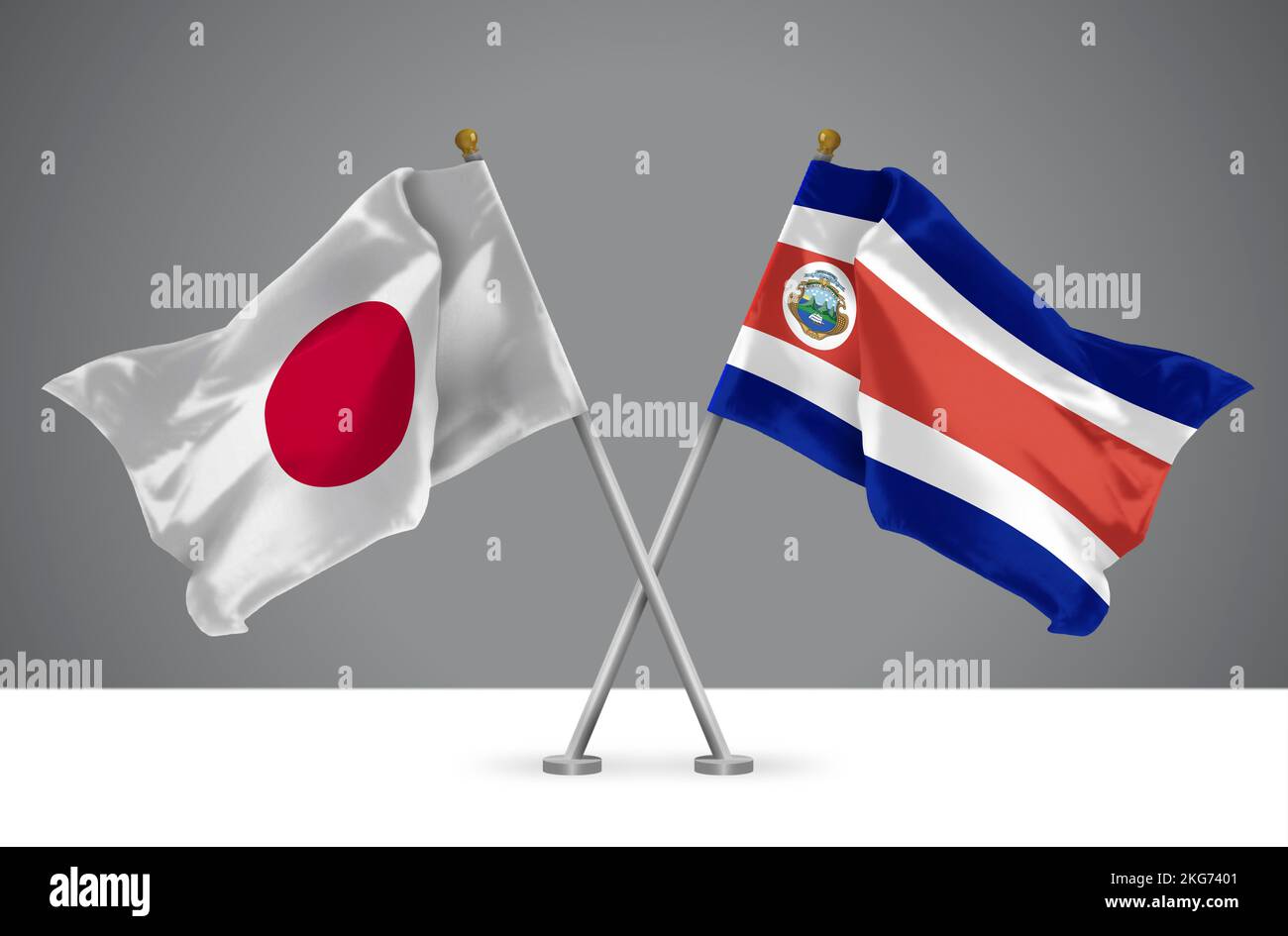 3D illustration of Two Wavy Crossed Flags of Japan and Costa Rica, Sign ...