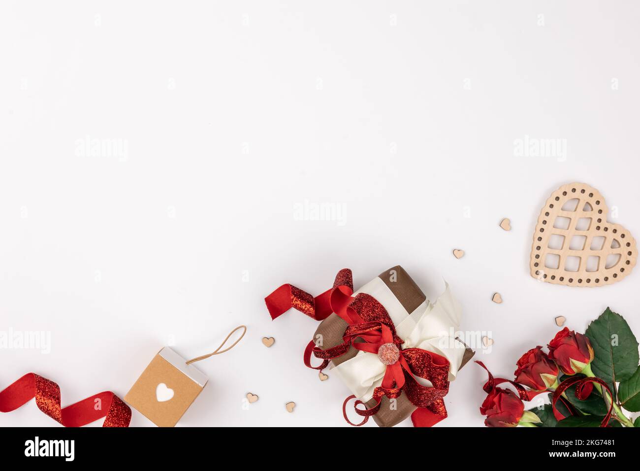 Flat lay, white background with gift box and valentine's day decor ...