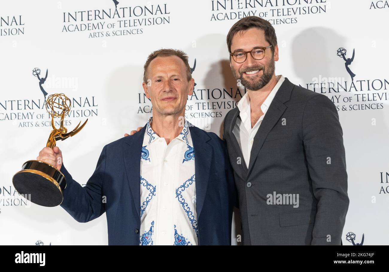 Marc Munden and Ryan Eggold attend 50th International Emmy Awards press ...