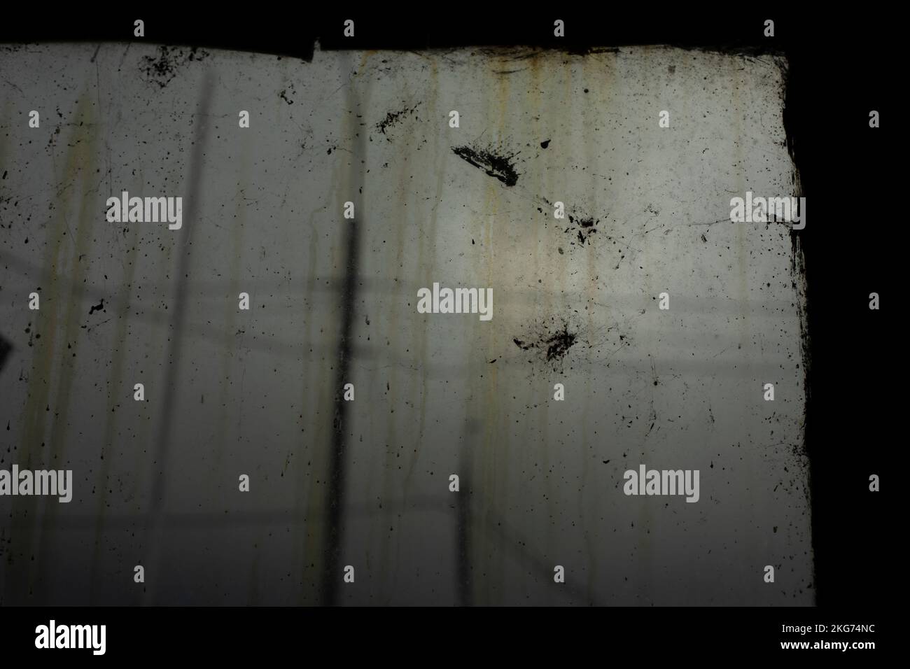 Grey glass. Dirt on window. Grey day outside window. Gloomy view in ...