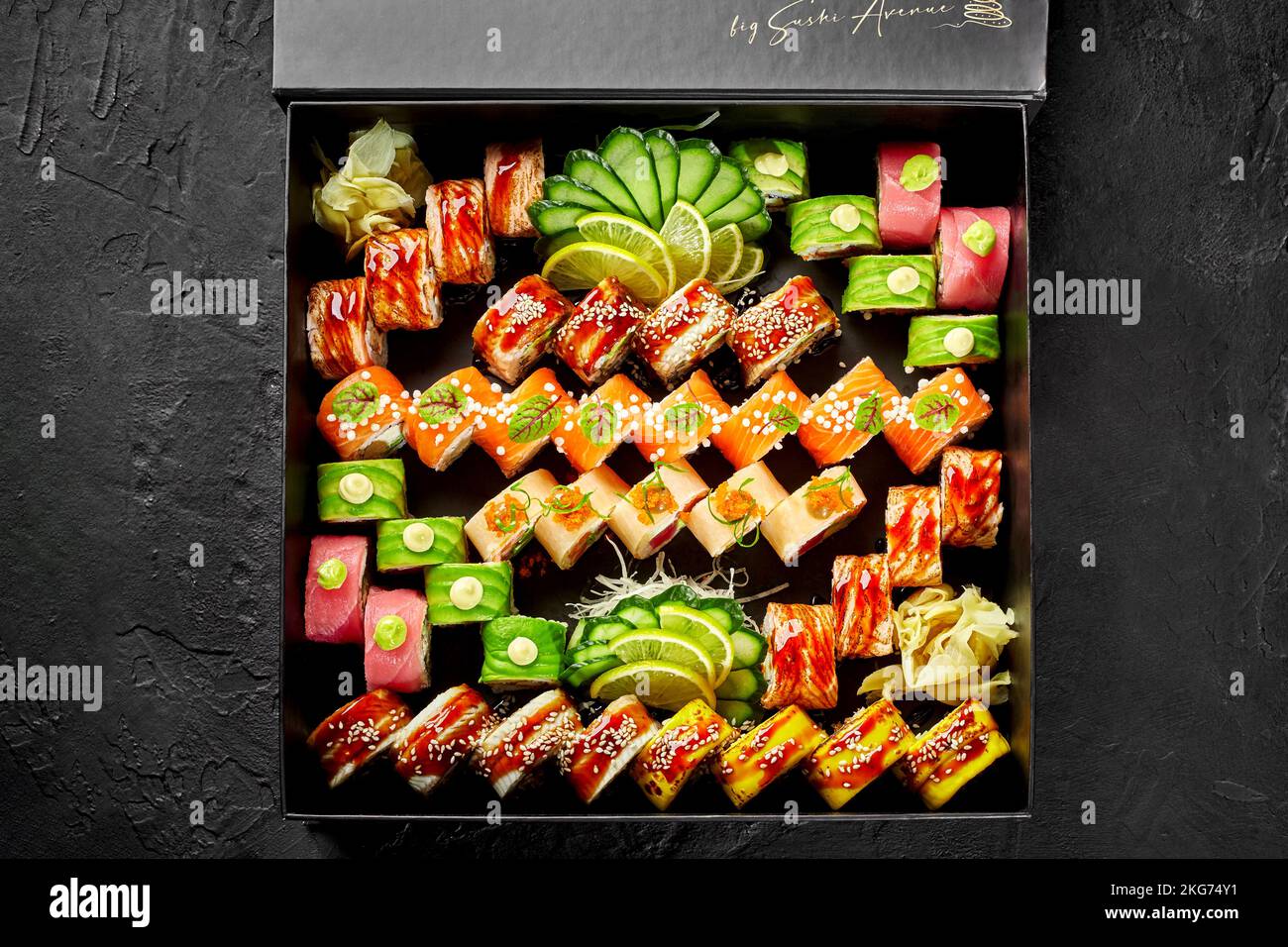 Large set of various Japanese rolls with tuna, salmon and eel packed in ...