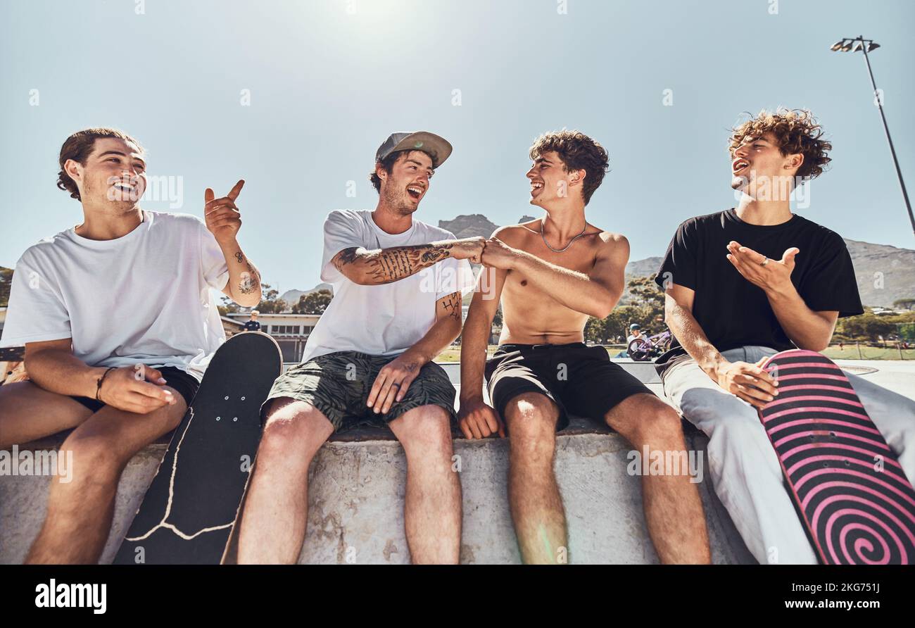 Young men, skater and skateboard, relax outdoor in skate park, urban ...