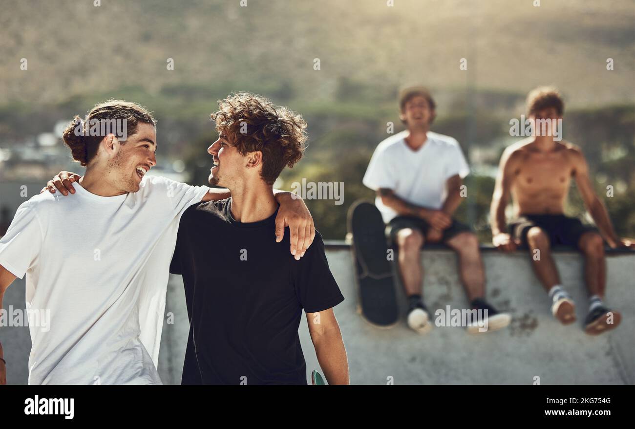 Skating, park and friends bonding in the city at an outdoor ramp for ...