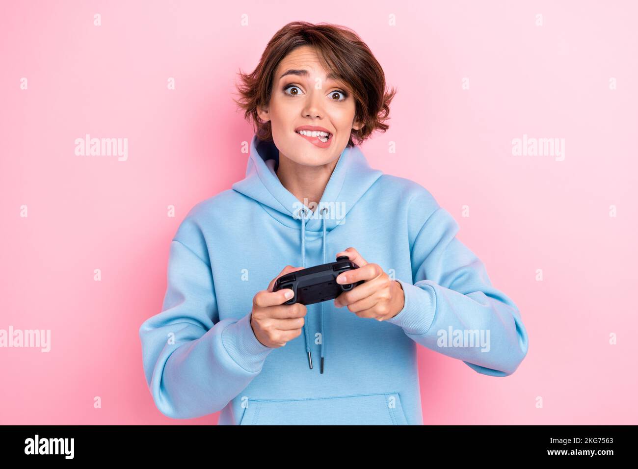 Photo of young adorable cute nice gorgeous woman wear stylish blue ...