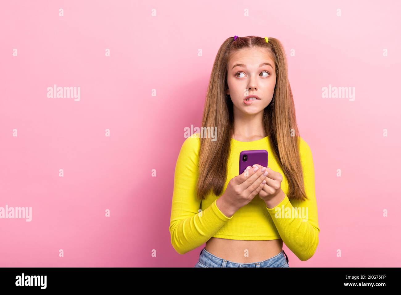 Photo of worried nervous lady wear stylish clothes look empty space bite lips failure spoiled ...