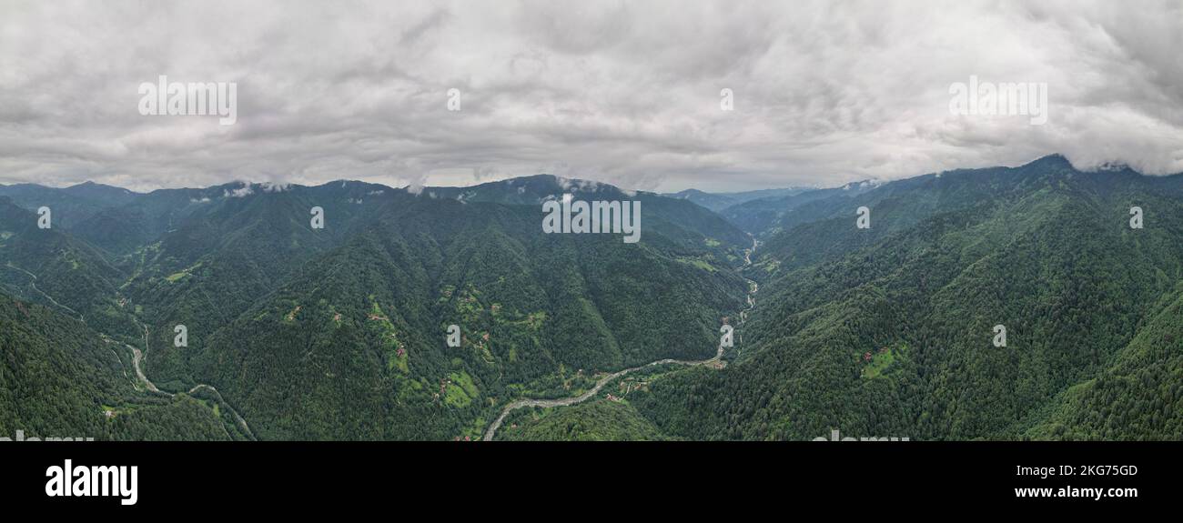 Aerial panoramic shot of foggy mountains and forests. Camlihemsin, Rize ...