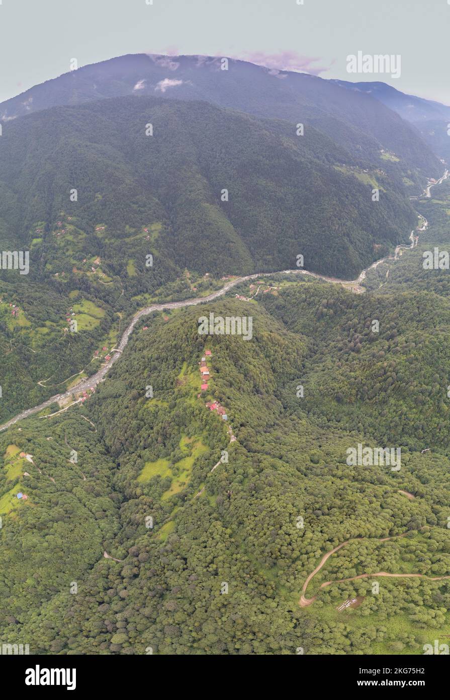Aerial panoramic shot of foggy mountains and forests. Camlihemsin, Rize ...