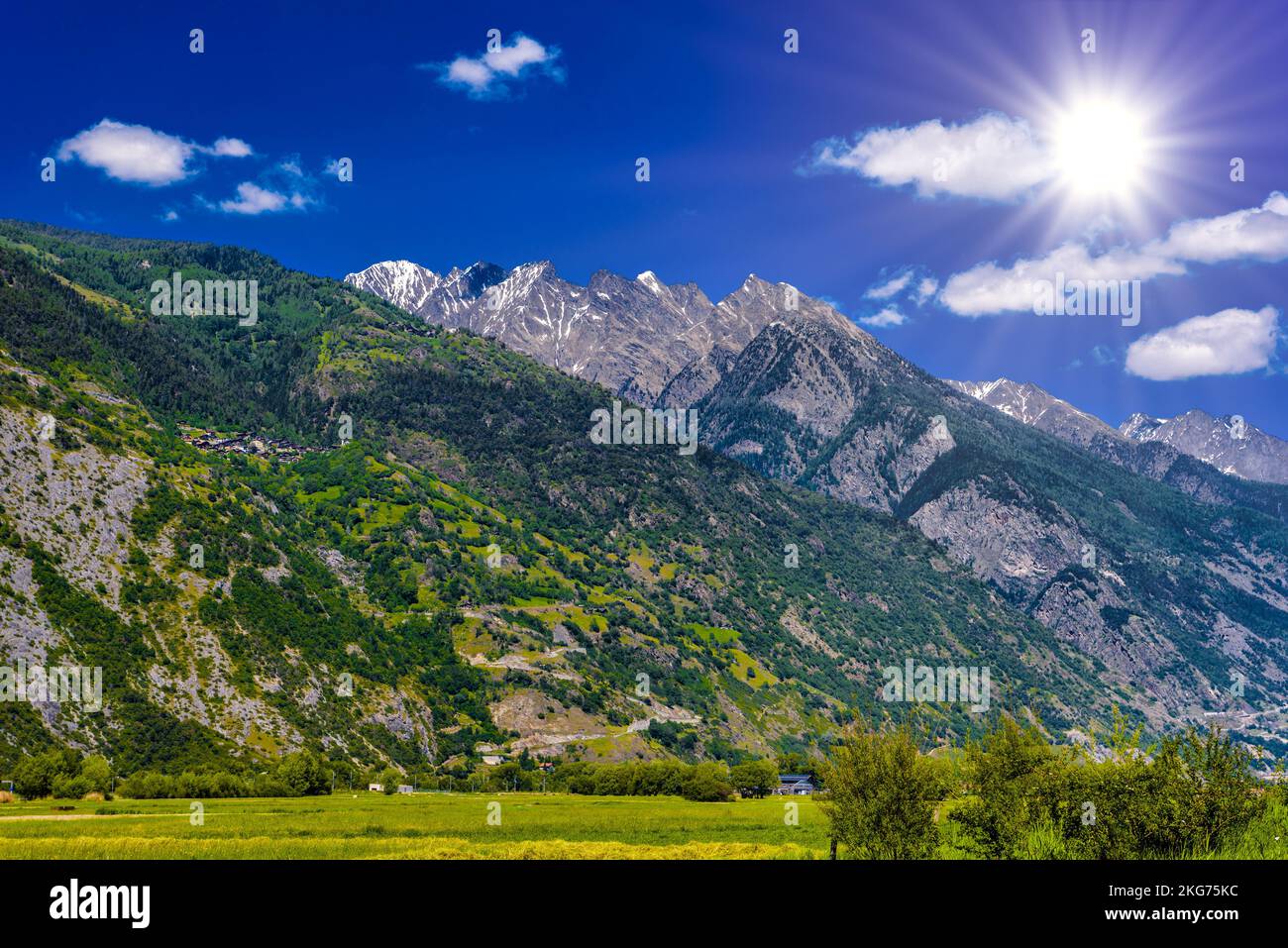 Fields and meadows with Swiss Alps mountains, Agarn, Leuk, Visp, Wallis ...
