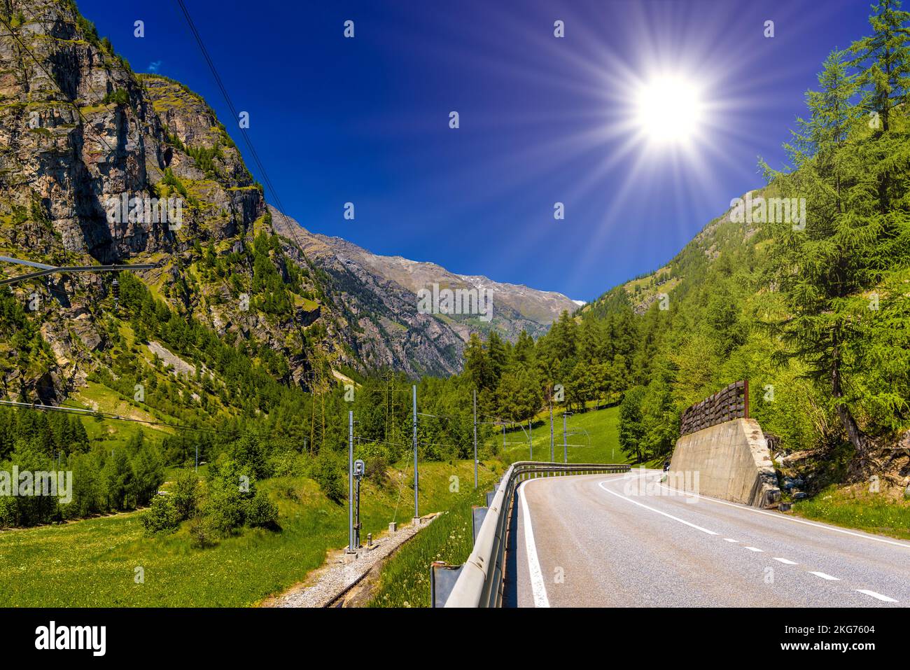 Asphalt road in Alps mountains, Randa, Visp, Wallis Valais Switzerland ...