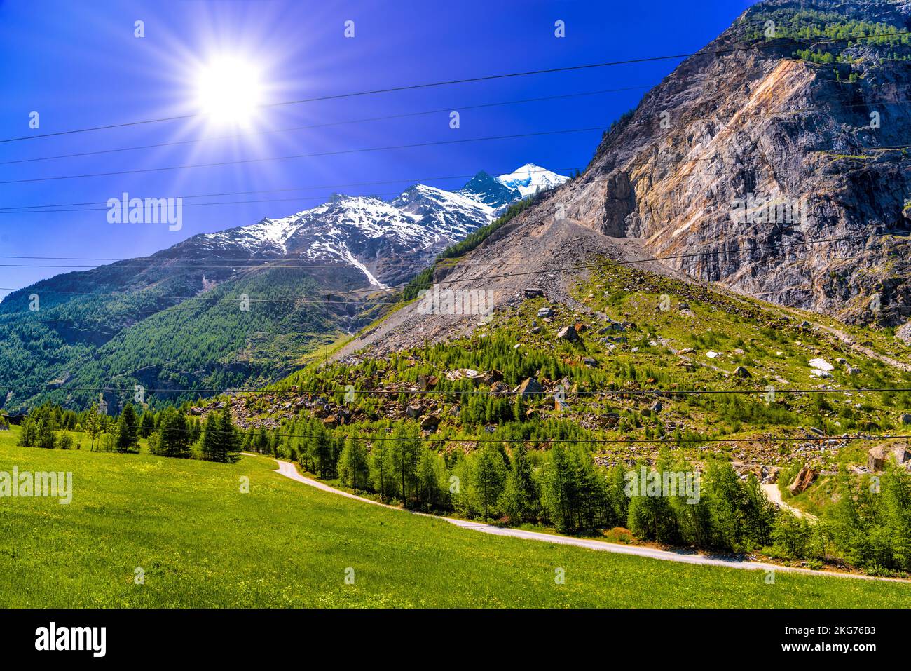 Alps mountains with pine forest, Randa, Visp, Wallis Valais Switzerland ...