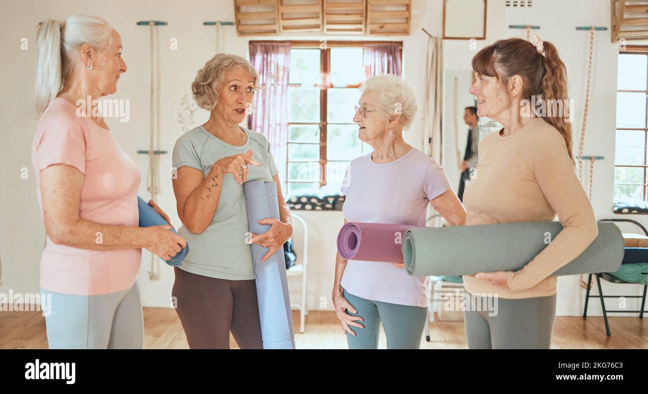 Yoga, friends and senior women talking about studio fitness training ...