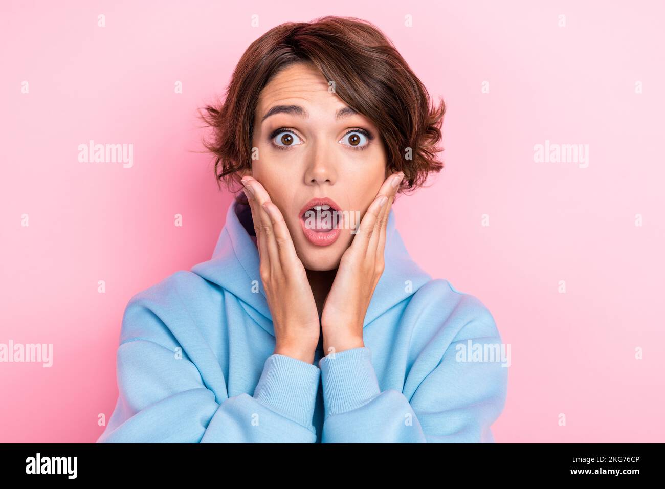 Closeup photo of young attractive cute woman touch cheeks palms open ...