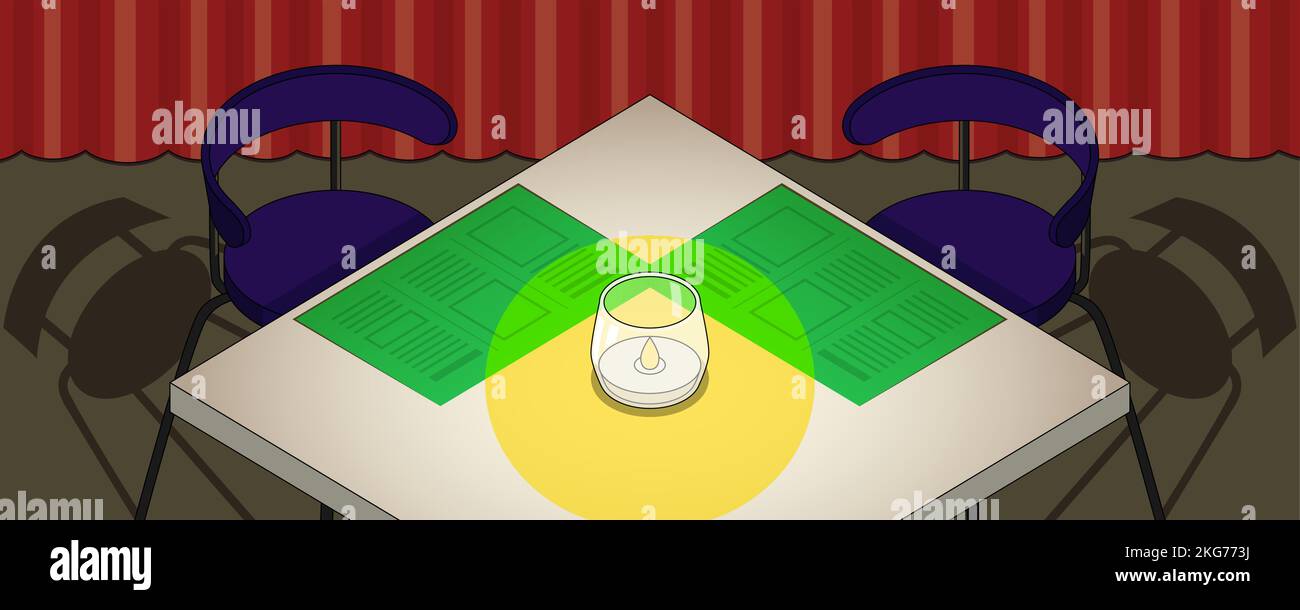 Dining table and chairs for two people. Burning candle and menu. Vector ...