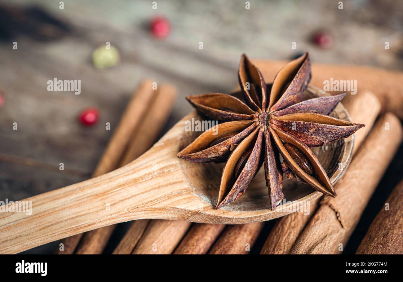 Star anise and cinnamon sticks close-up on a wooden background Stock ...