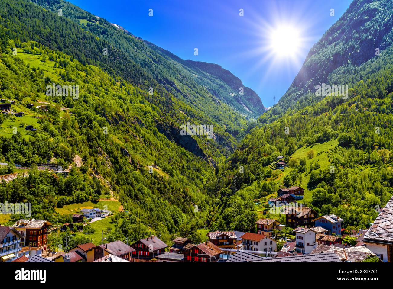 Swiss Alps village in mountains valley, Stalden, Staldenried, Visp ...