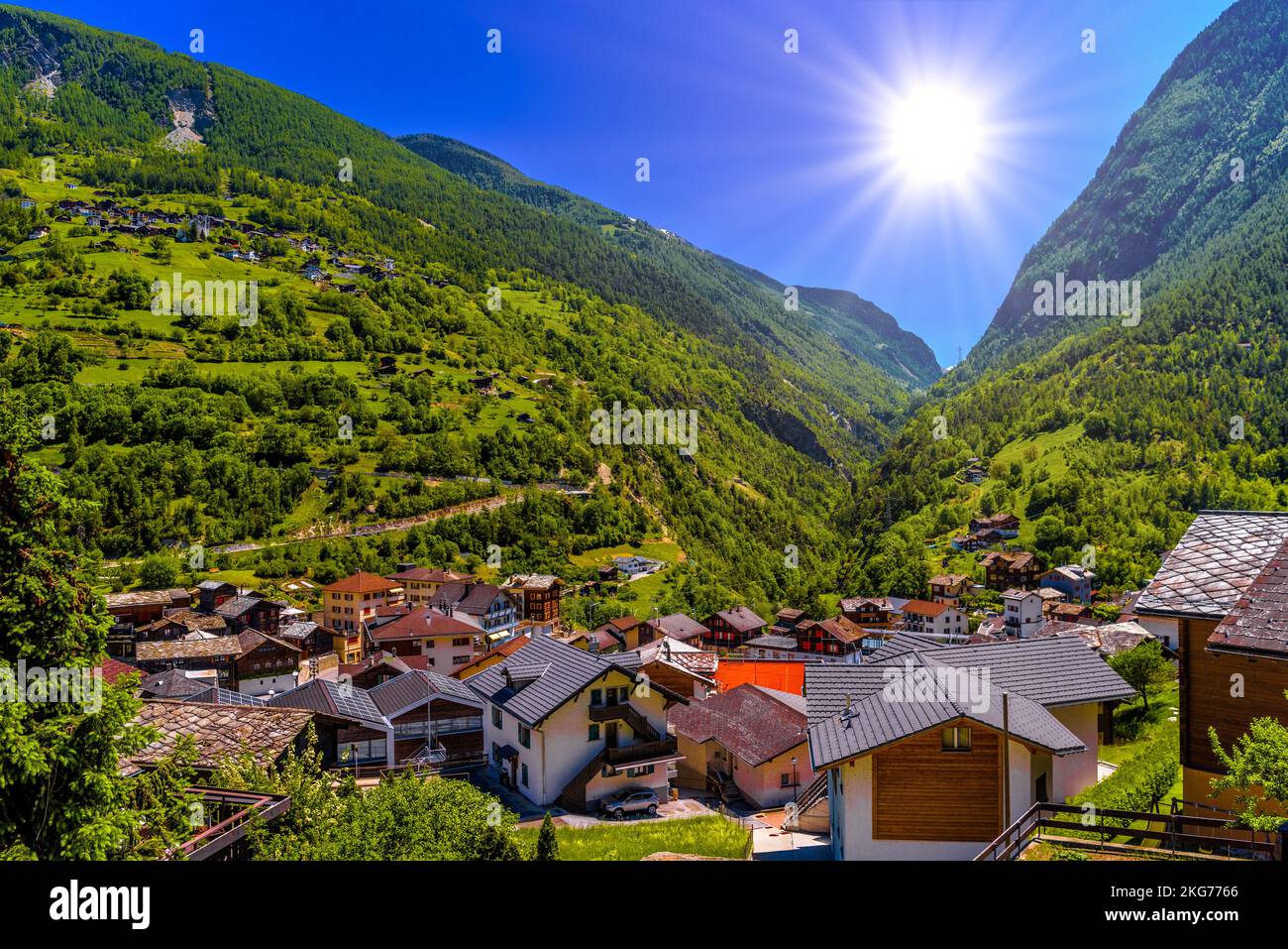 Swiss Alps village in mountains valley, Stalden, Staldenried, Visp ...