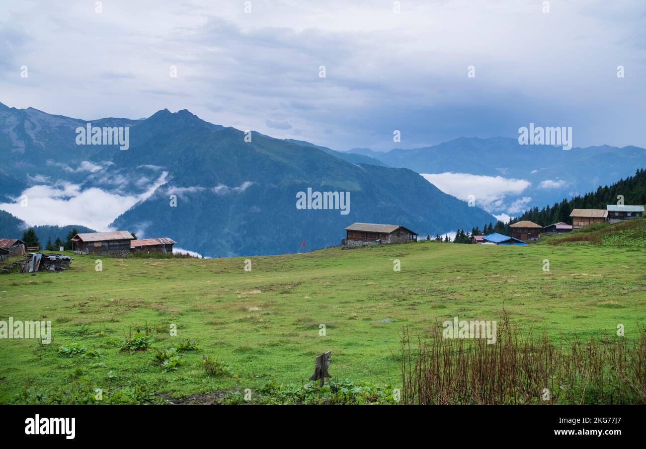 Black Sea Highlands. Palovite plateau. Old houses in the fog ...