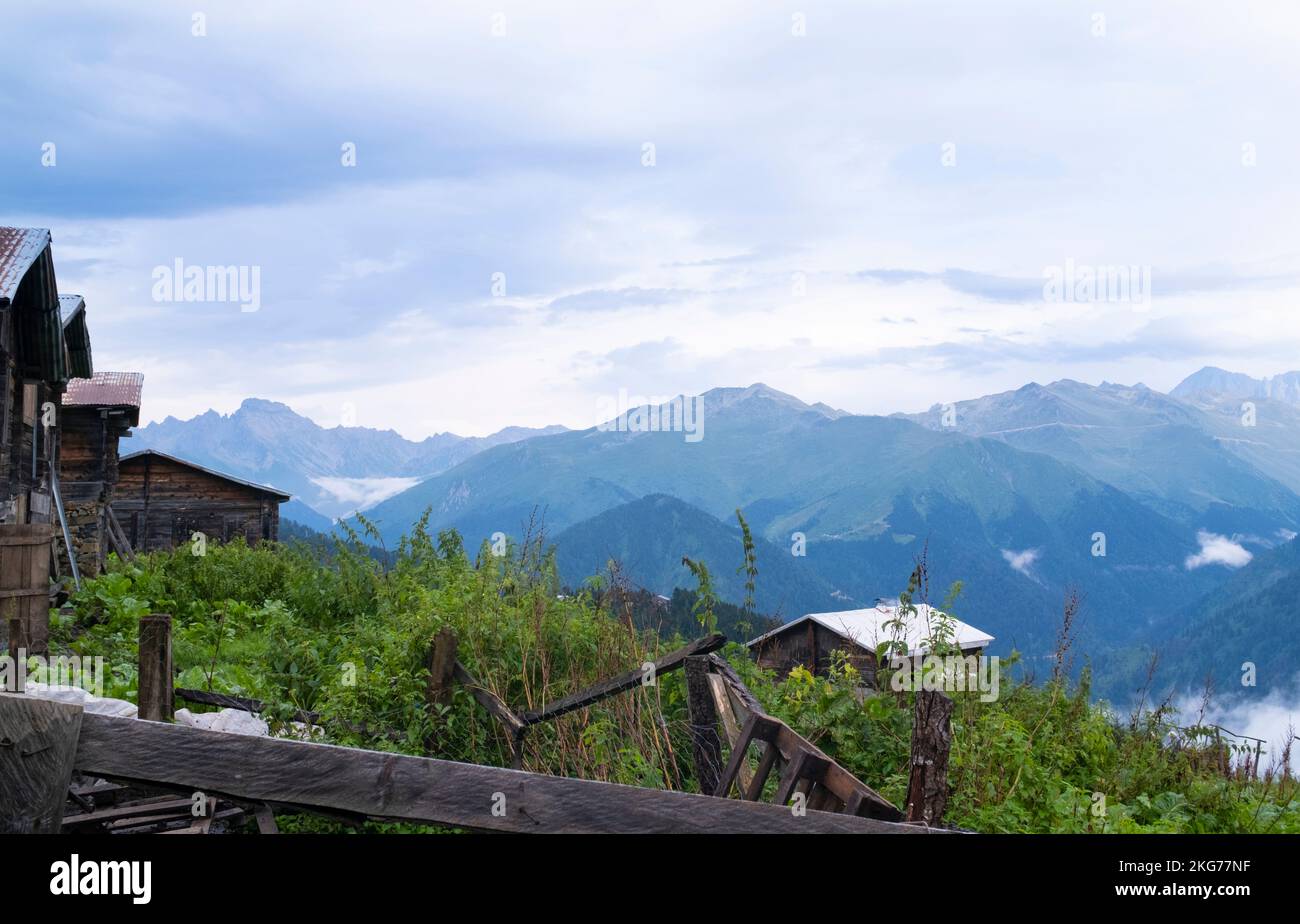 Black Sea Highlands. Palovite plateau. Old houses in the fog ...