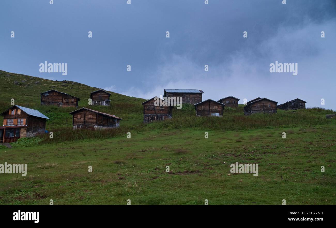 Black Sea Highlands. Palovite plateau. Old houses in the fog ...