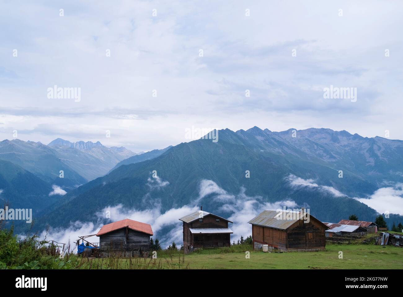 Black Sea Highlands. Palovite plateau. Old houses in the fog ...