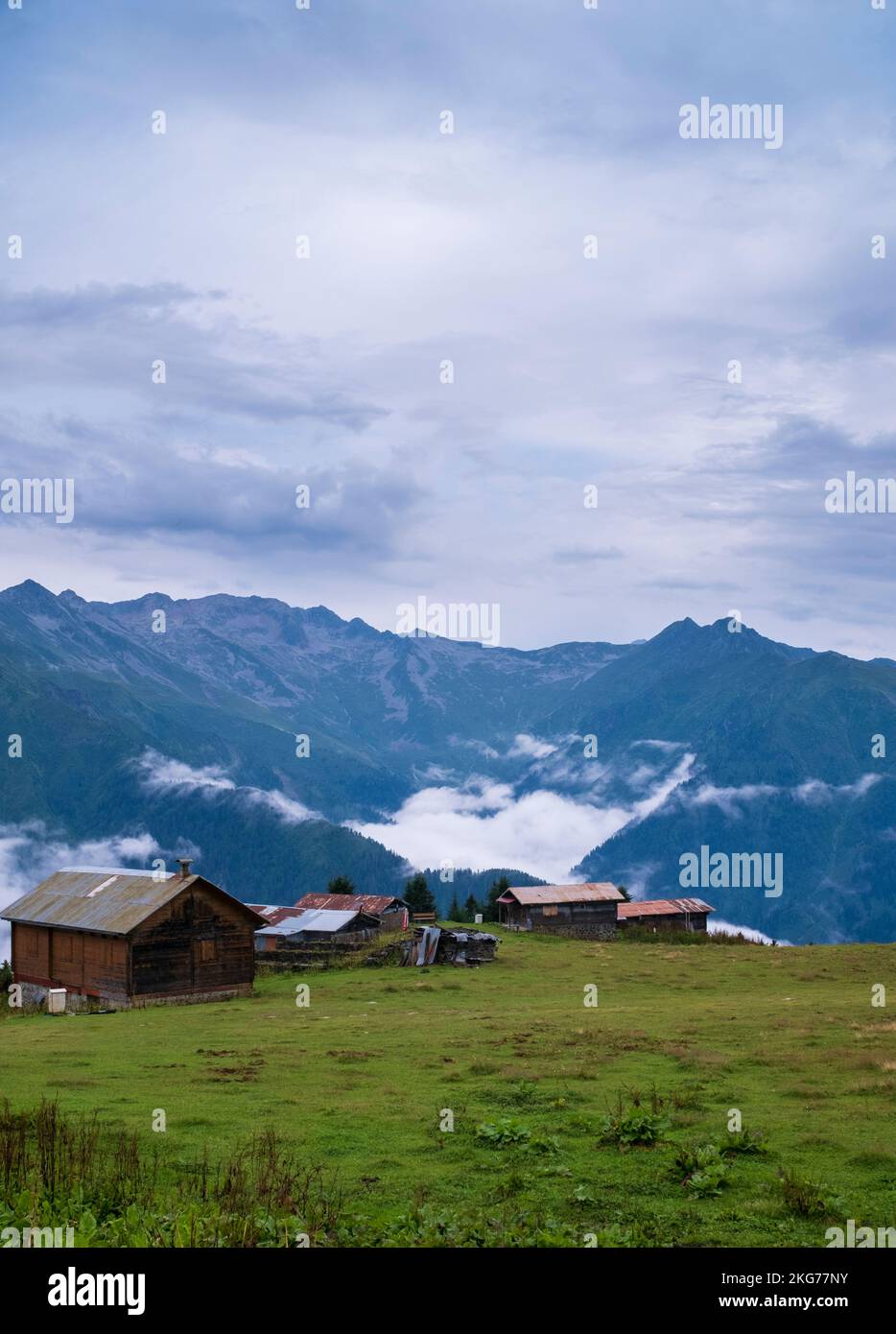 Black Sea Highlands. Palovite plateau. Old houses in the fog ...