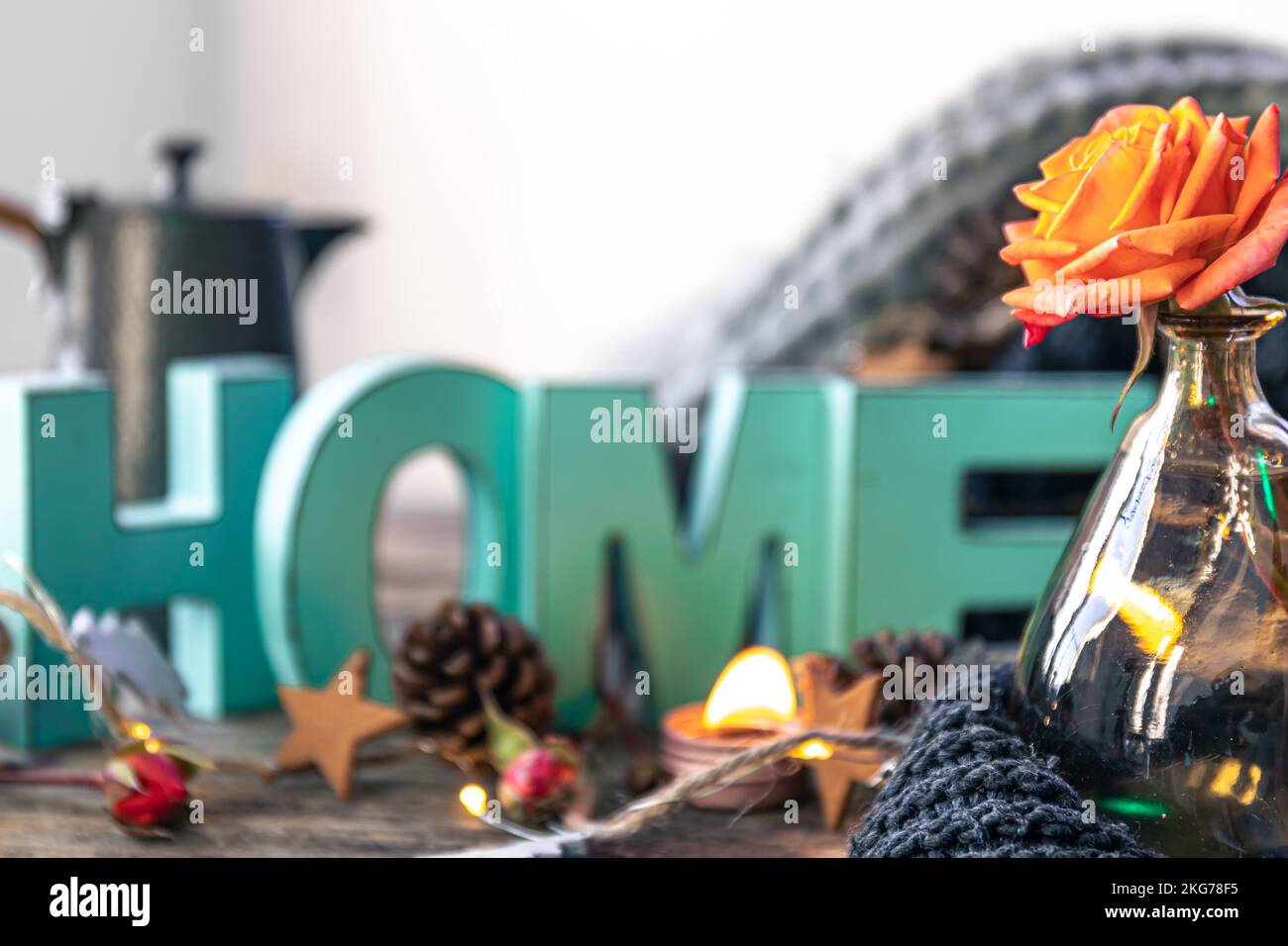 Cozy background with decorative word Home and home decor details Stock ...