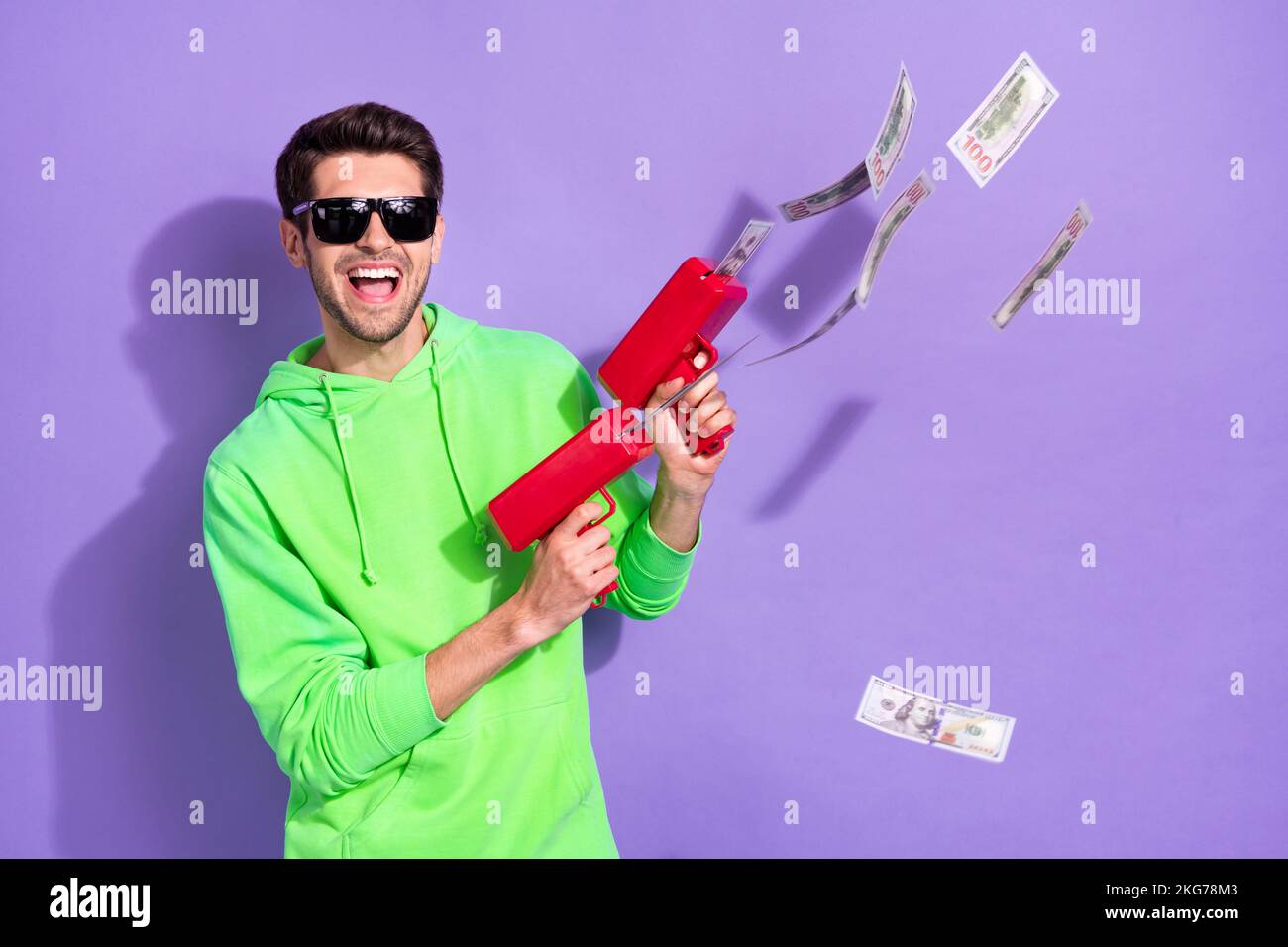 Photo of attractive funny carefree guy brunet hairdo dressed green ...