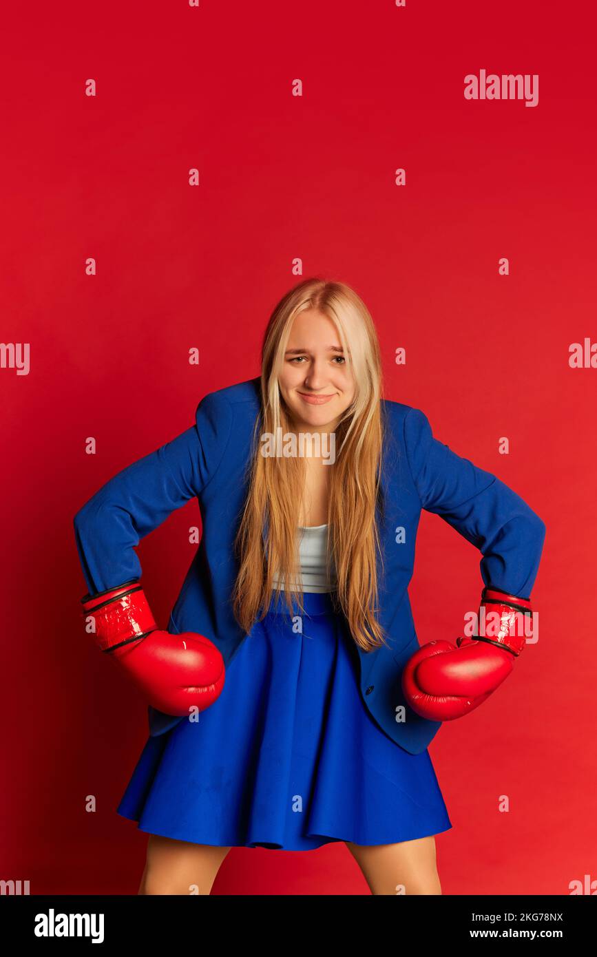 Motivation for success. Funny young business woman or happy student ...