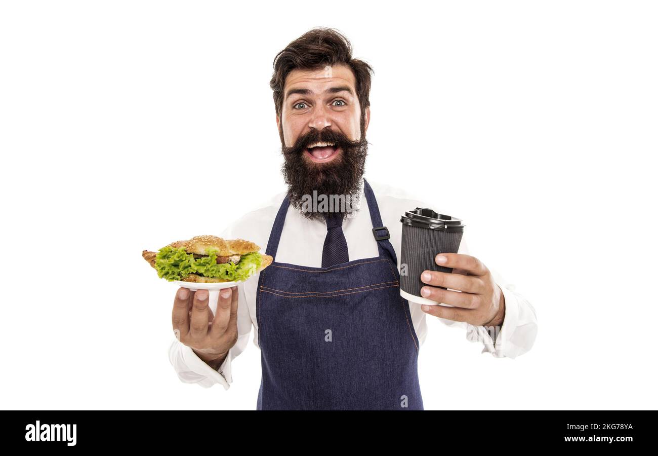 Cafe food concept. Enjoy your meal. Guy serving croissant stuffed ...
