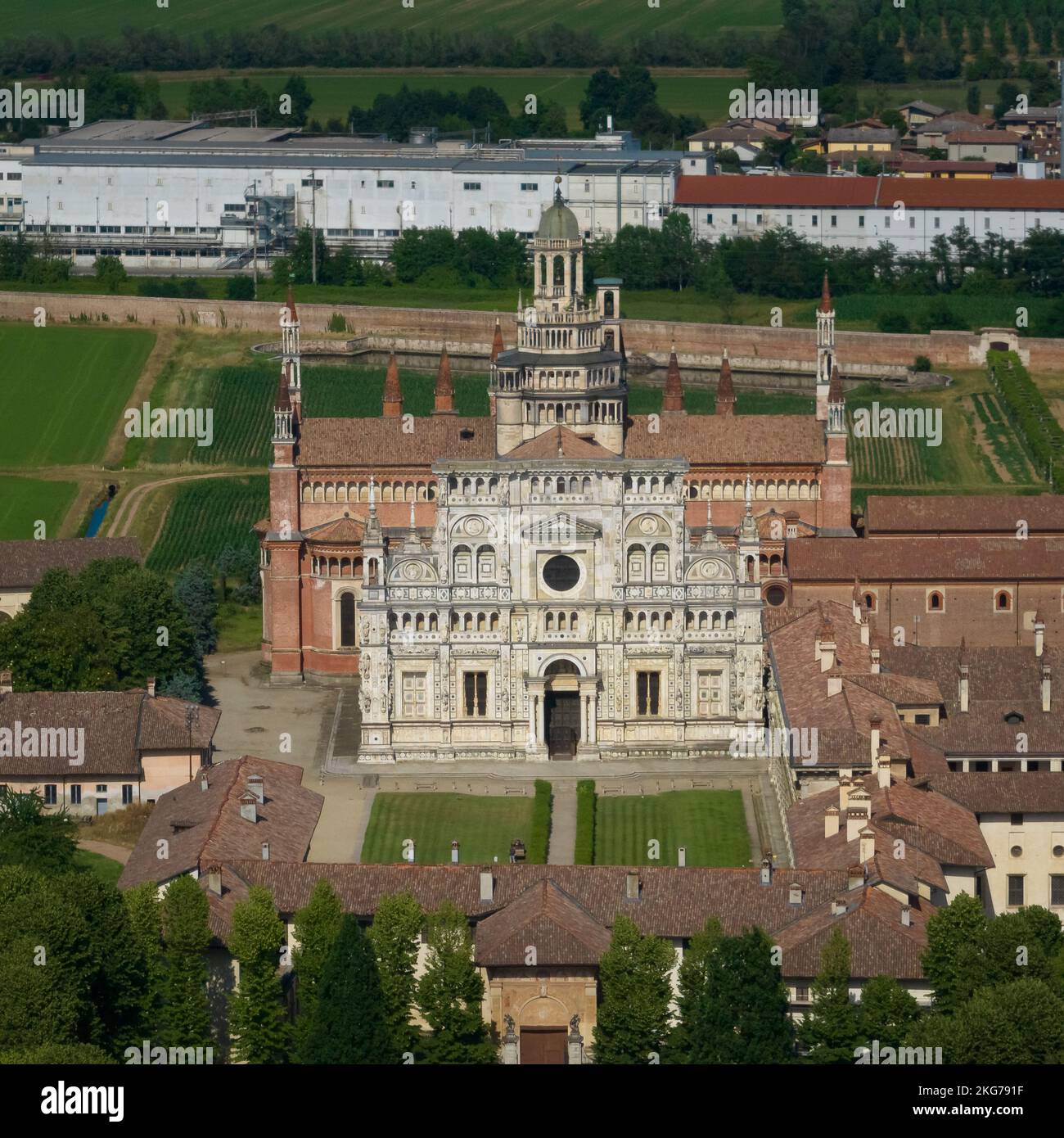 Aerial view of the Certosa di Pavia at morning, built in the late ...