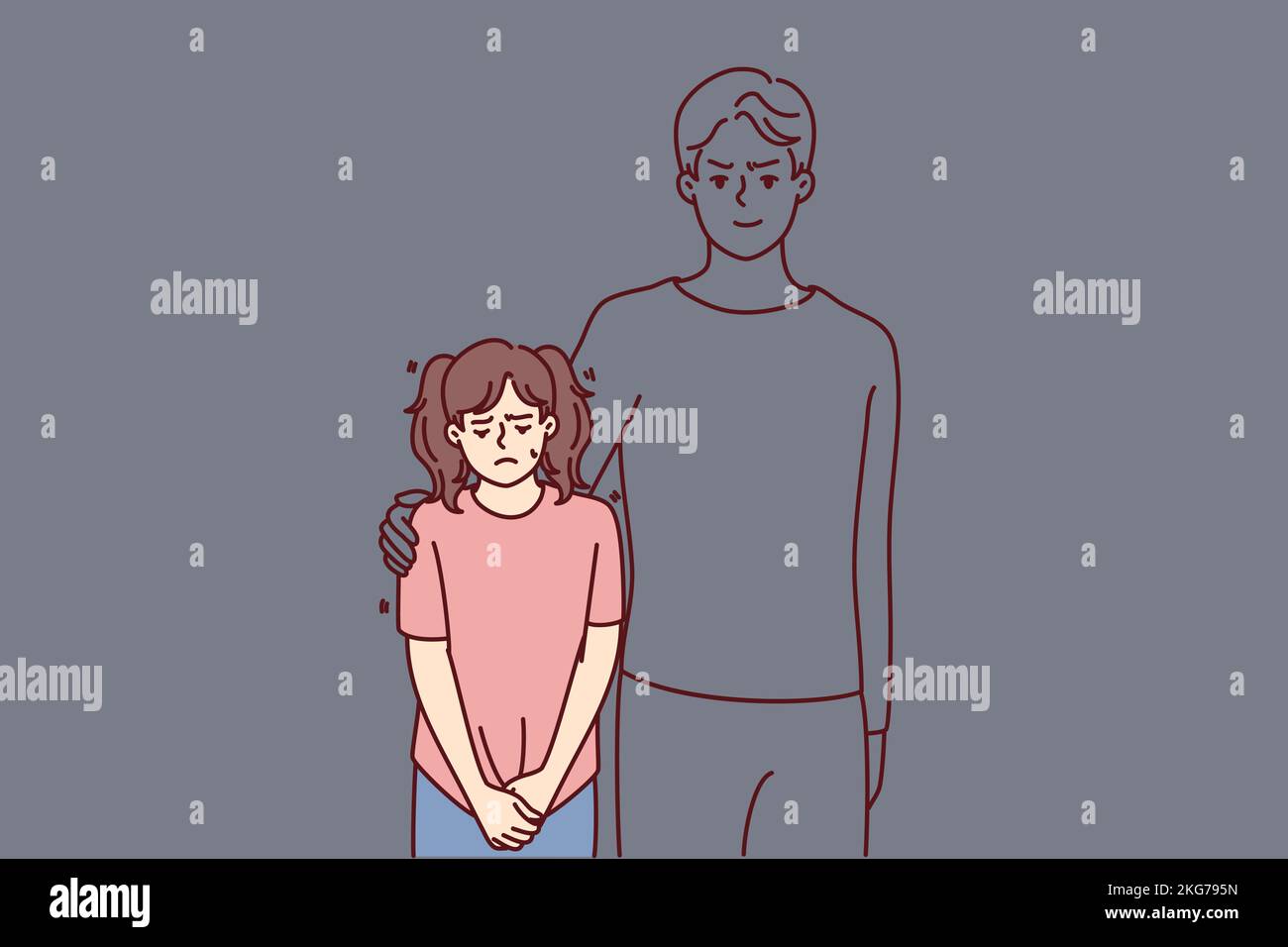 Unhappy little girl standing near man figure ghost feeling mad and ...
