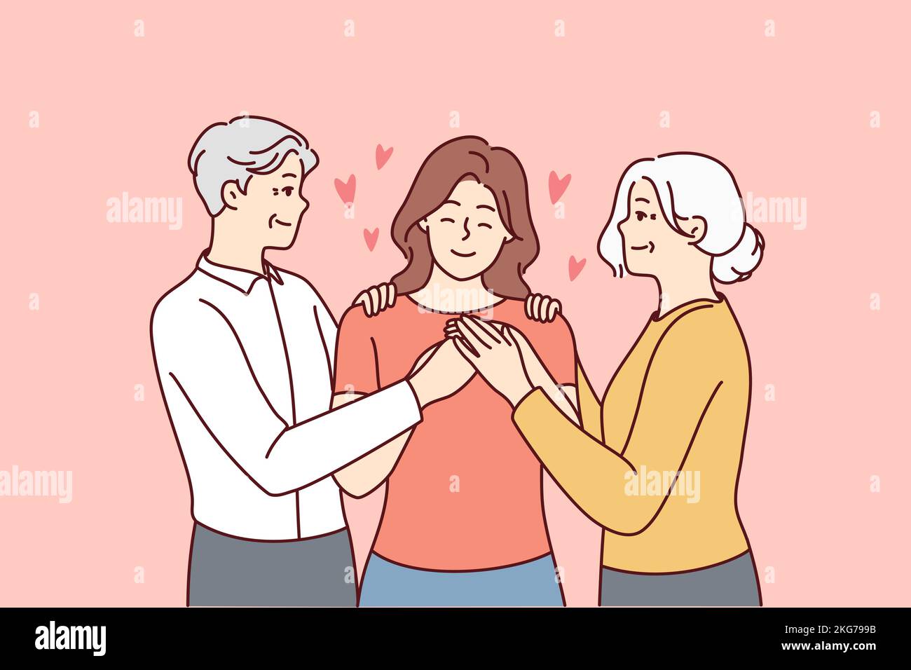 Happy elderly couple hugging grownup girl child showing love and care ...