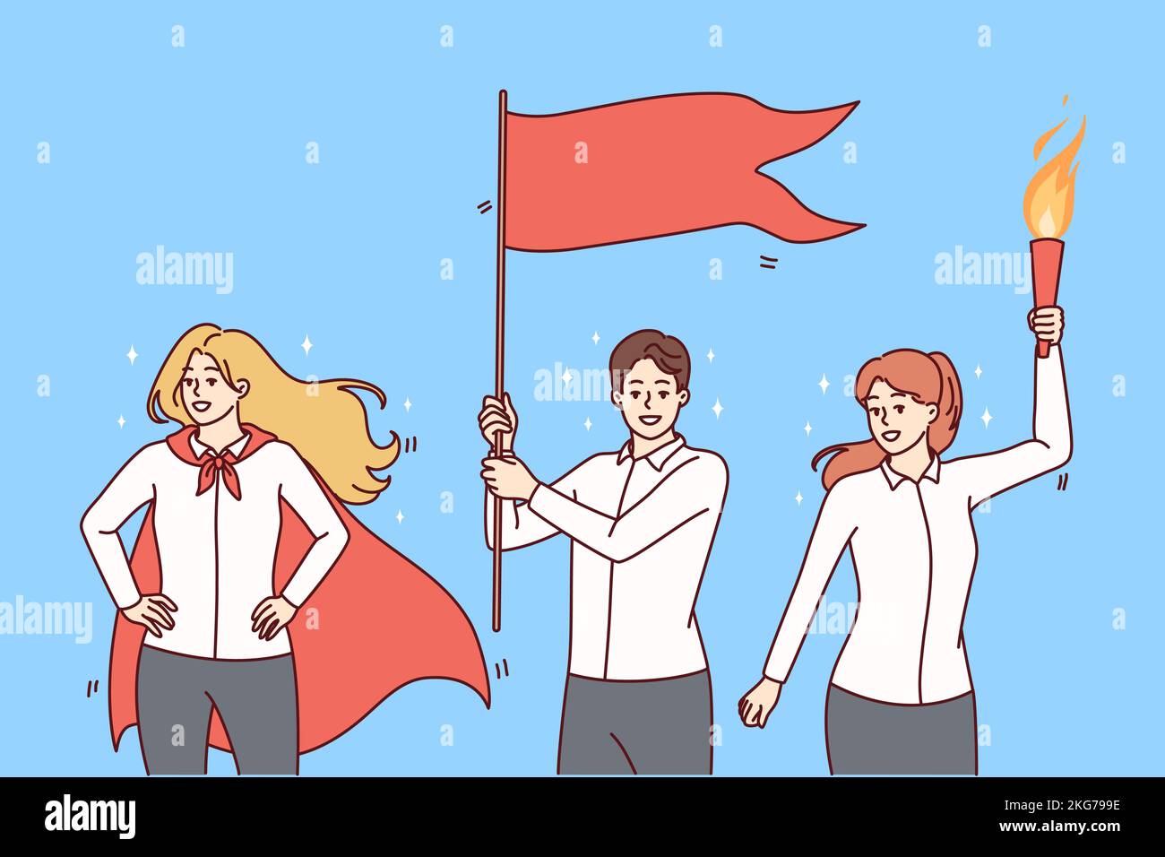 Happy businesspeople with flag and fire celebrate shared business ...