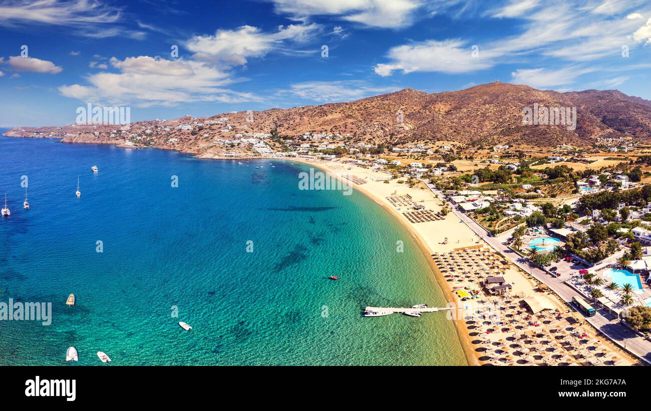 The sandy beach Mylopotas in Ios island, Greece Stock Photo - Alamy
