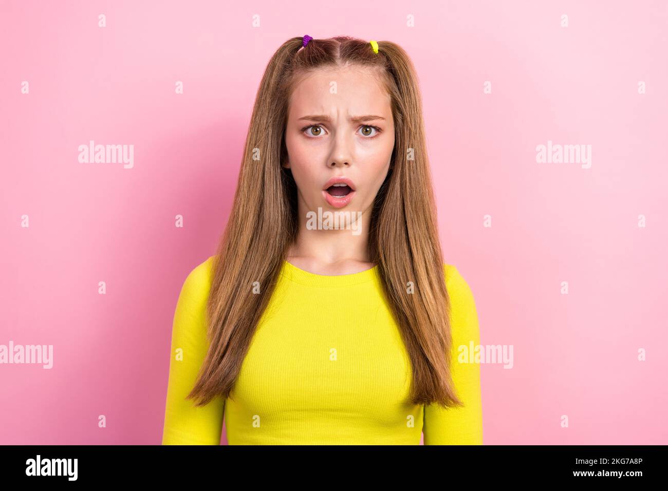 Portrait of upset dissatisfied offended girl with straight hairdo wear ...