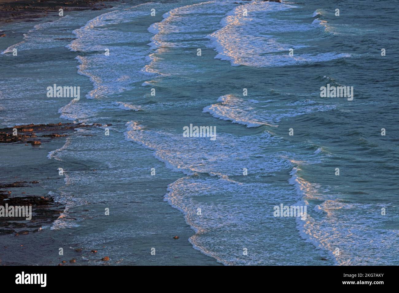 France, Manche. Beach with waves, rising tide, swell, upper view Stock ...