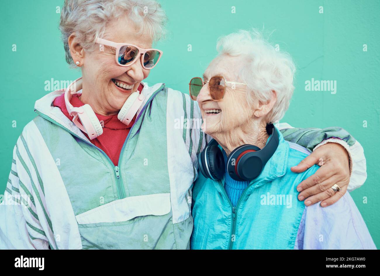 Happy, fashion and elderly friends hug in cool sunglasses, vintage ...