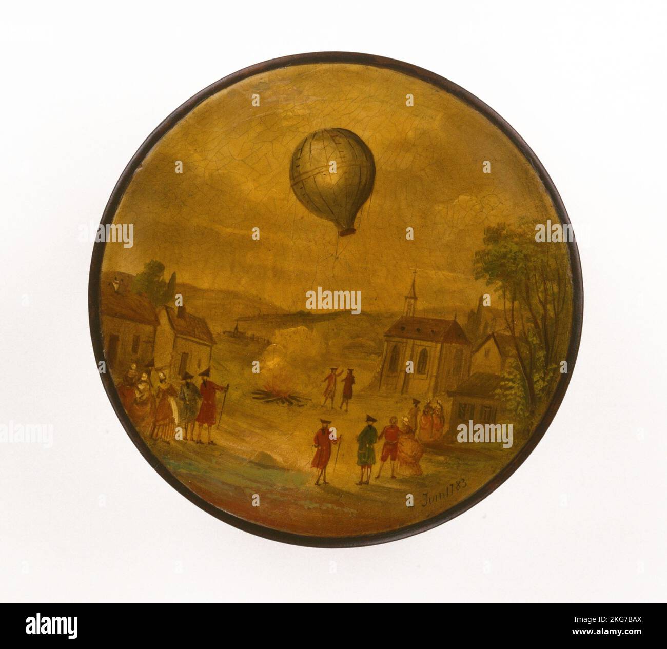 Underside of a box showing the first aerostatic experiment in Annonay ...