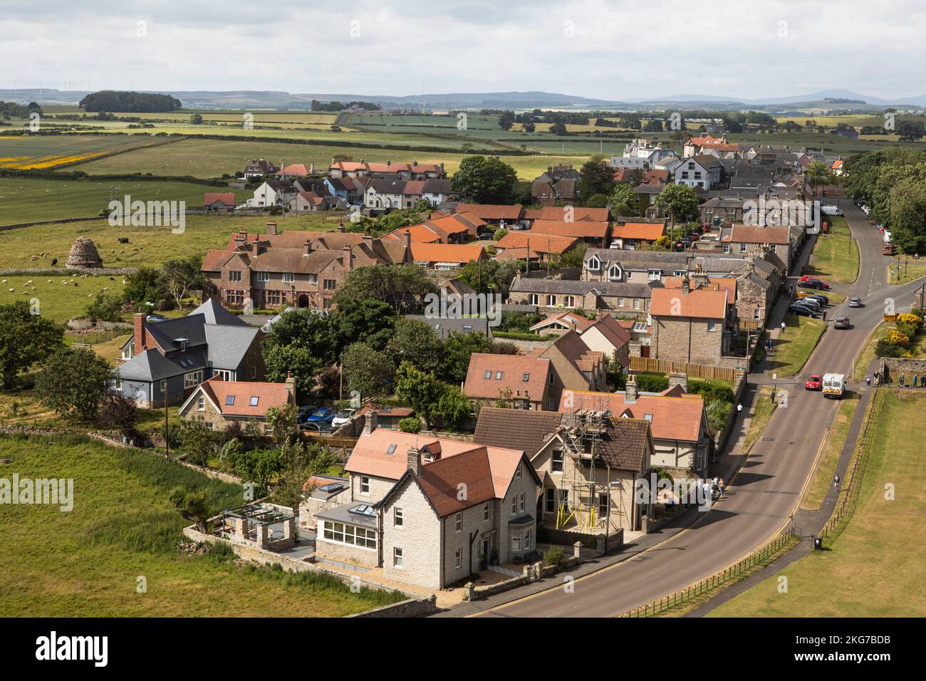 Village of Bamburgh seen from Bamburgh castle, viewed from above Stock ...